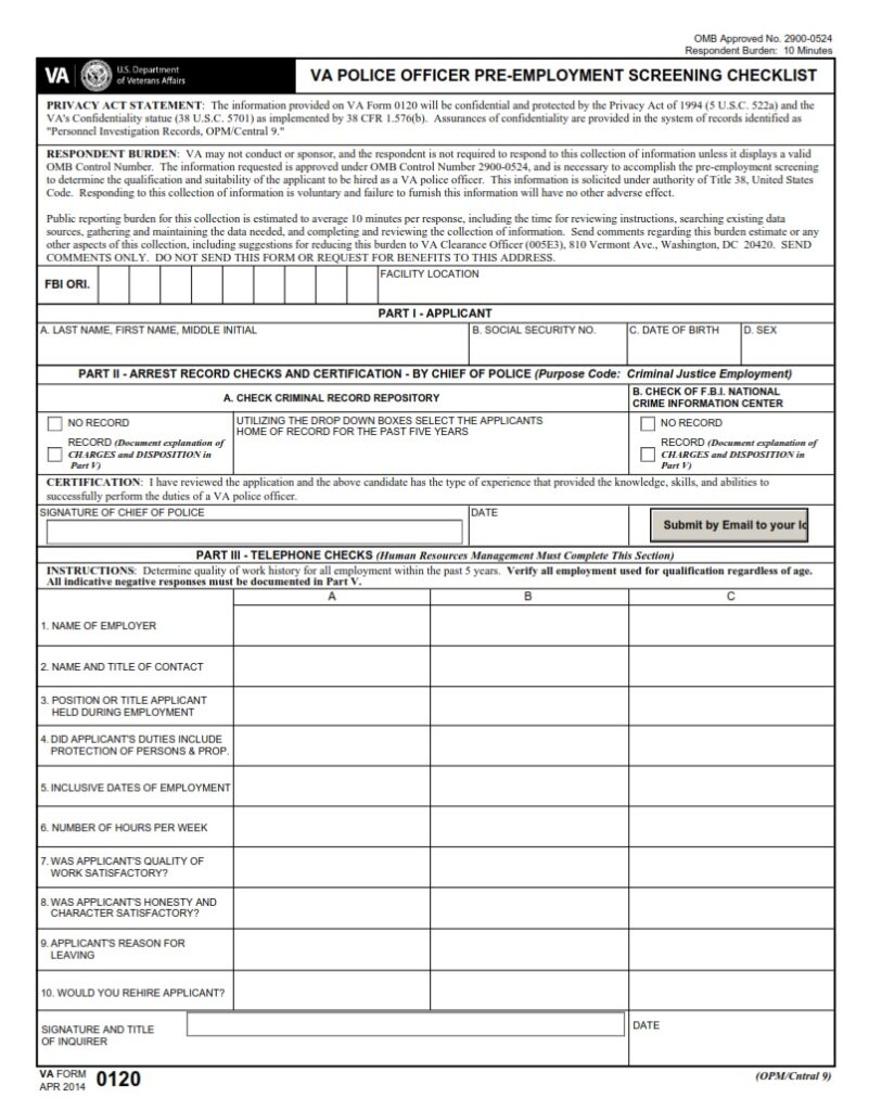VA Form 0120 – VA Police Officer Pre-Employment Screening Checklist ...