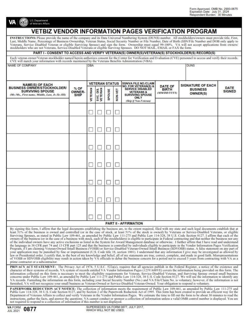 VA Form 0877 – Vetbiz Vendor Information Pages Verification Program ...