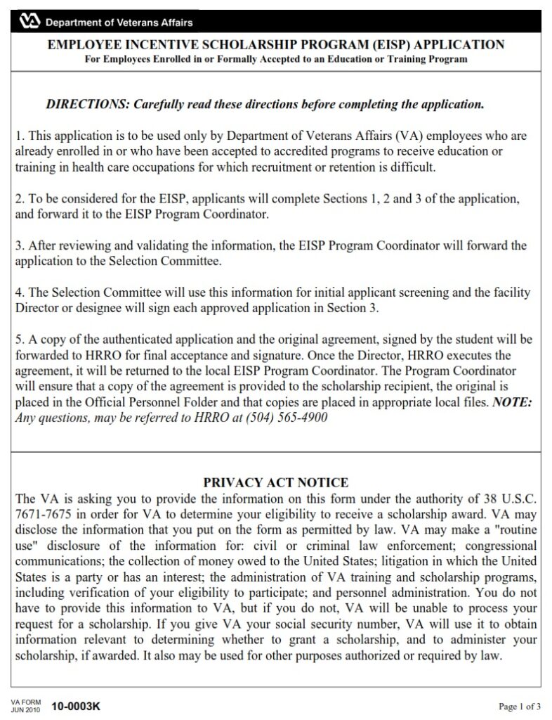 VA Form 10-0003K – Employee Incentive Scholarship Program (EISP ...