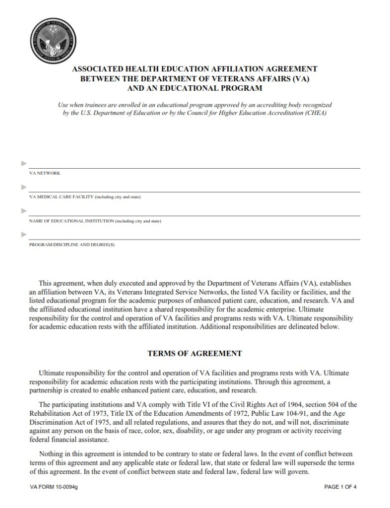 VA Form 10-0094g – Associated Health Education Affiliation Agreement ...