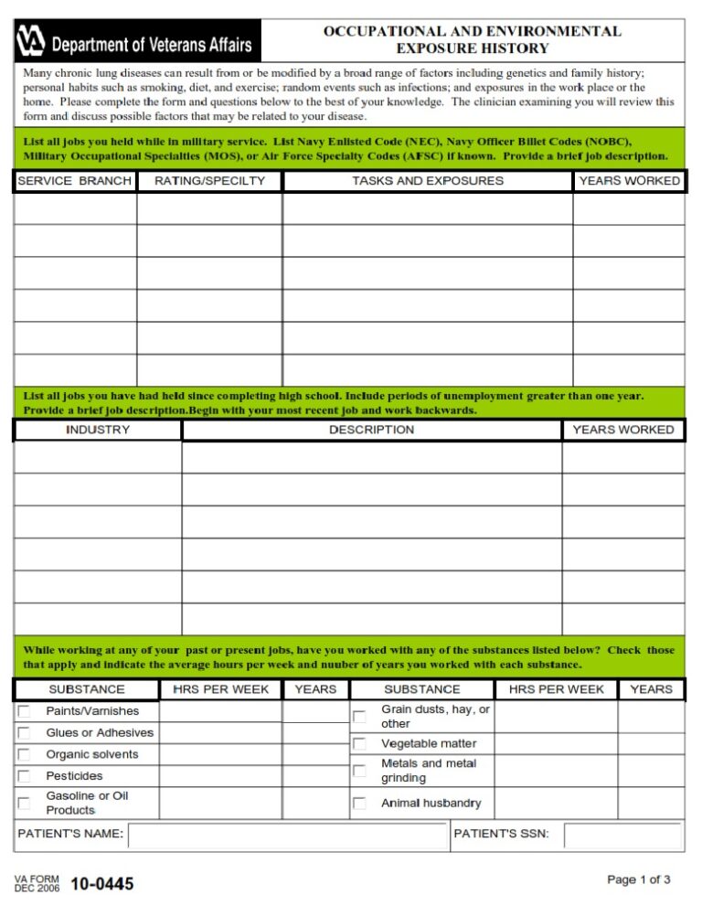 VA Form 10-0445 – Occupational and Environment Exposure History - VA Forms