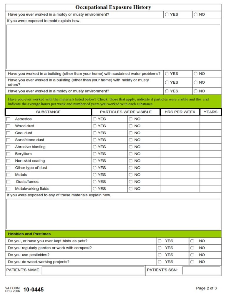 VA Form 10-0445 – Occupational and Environment Exposure History - VA Forms