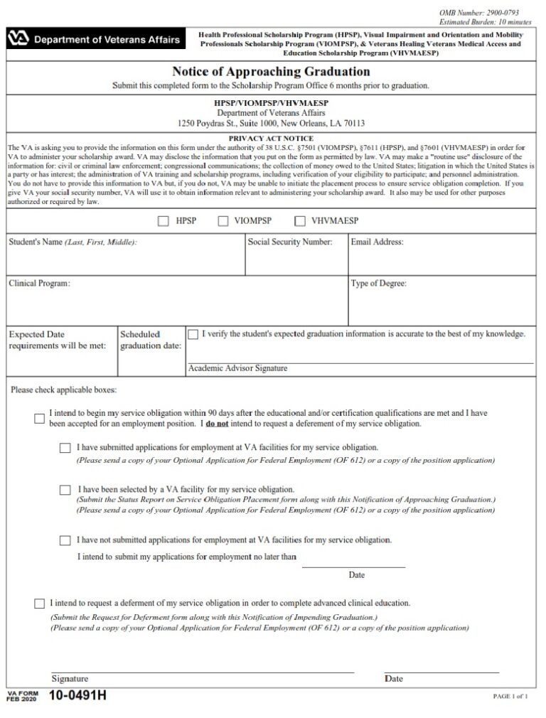 VA Form 10-0491H – Notice of Approaching Graduation—Health Professional ...