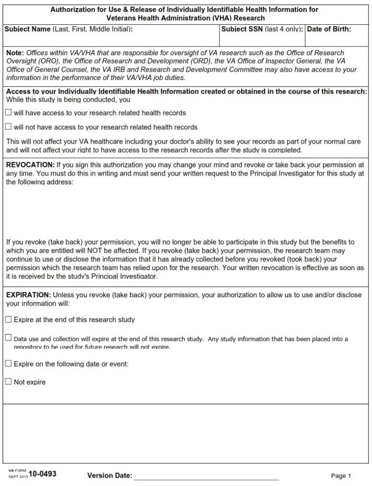 VA Form 10-0493 – Authorization for Use & Release of Individually ...