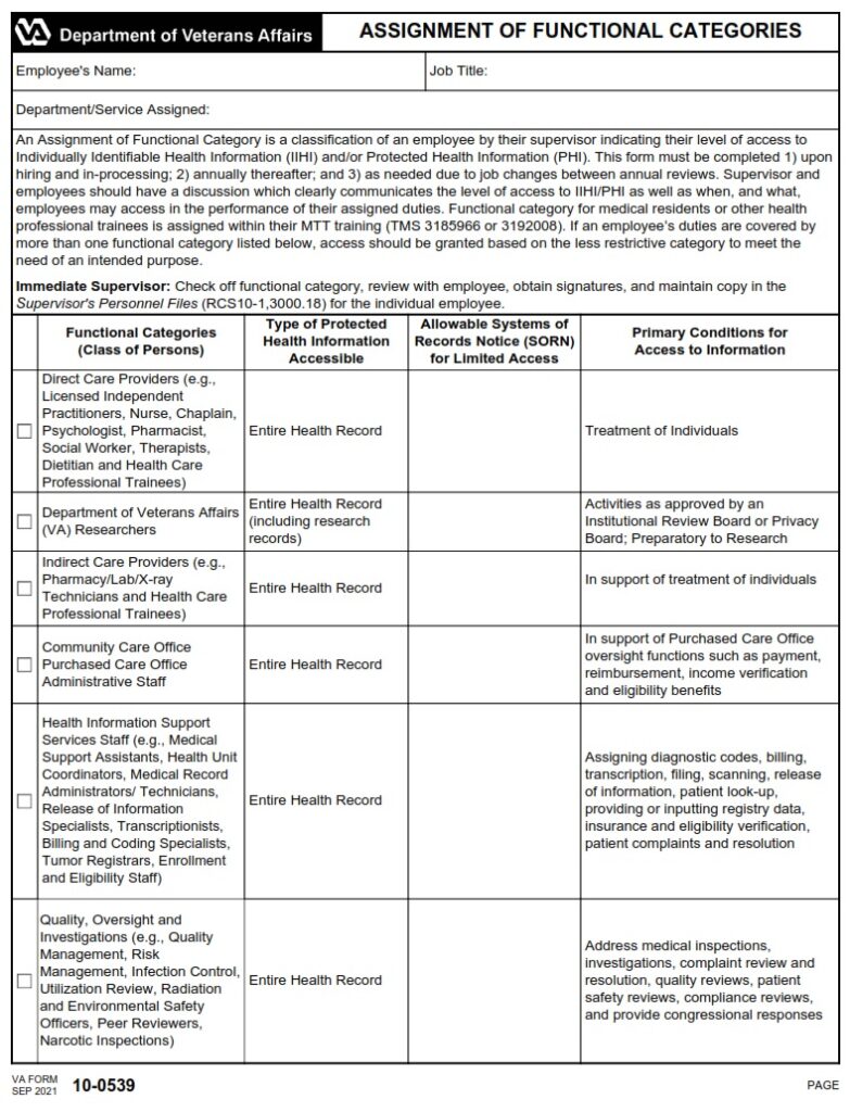 VA Form 10-0539 – Assignment of Functional Categories - VA Forms
