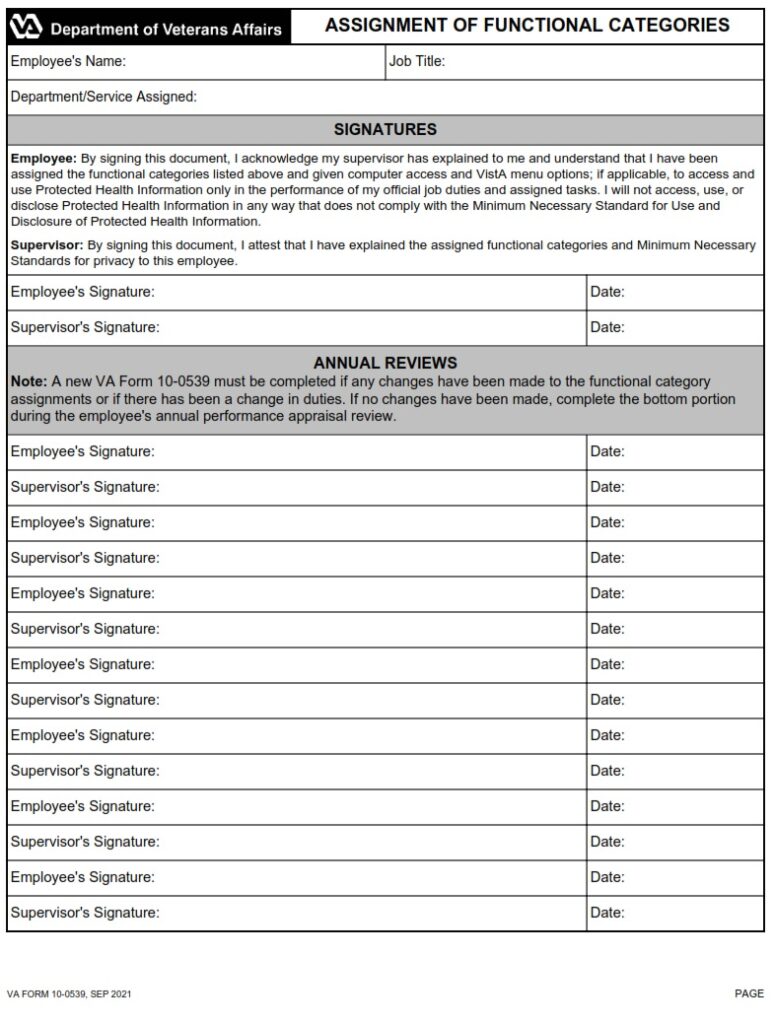 VA Form 10-0539 – Assignment of Functional Categories - VA Forms