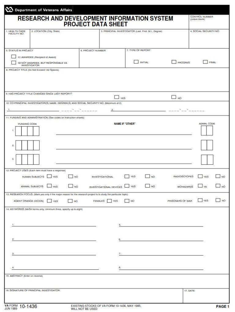 VA Form 10-1436 – Research and Development Information System—Project ...