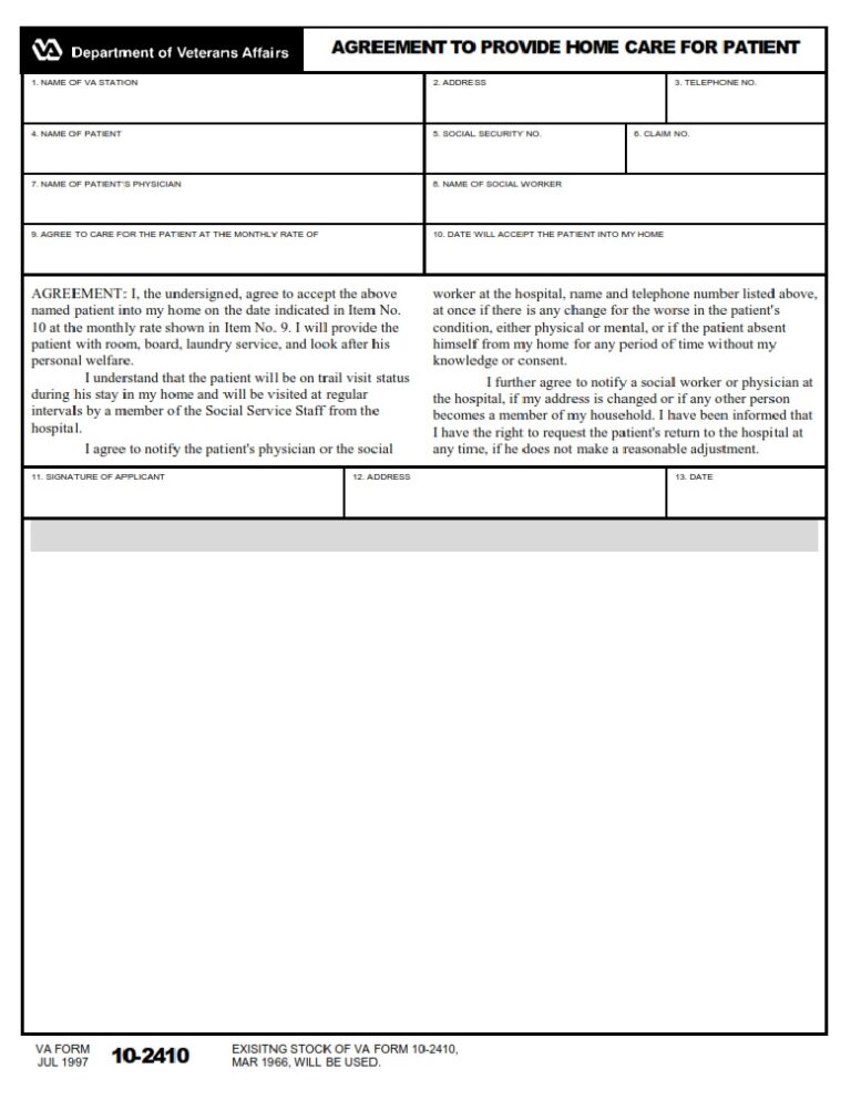 VA Form 10-2410 – Agreement to Provide Home Care for Patient - VA Forms