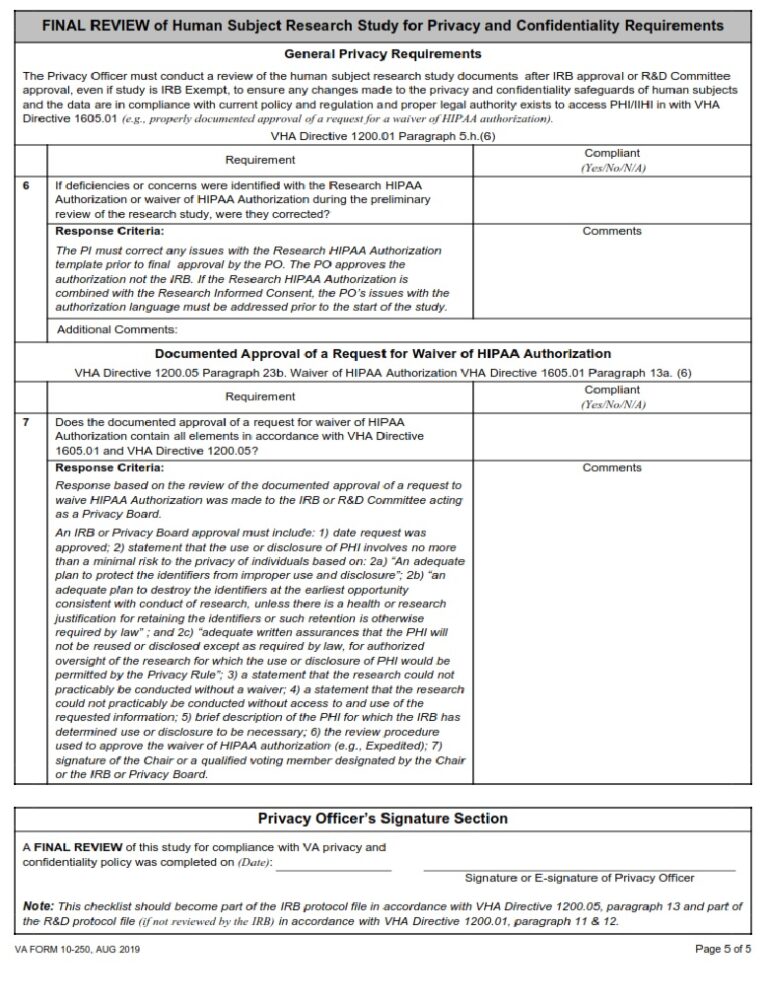 VA Form 10-250 – VHA Research Protocol Privacy Review Checklist - VA Forms