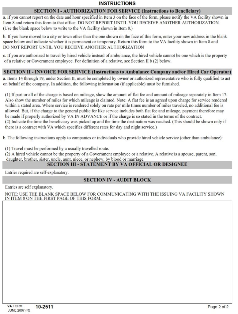 VA Form 10-2511 – Authority and Invoice for Travel by Ambulance or ...