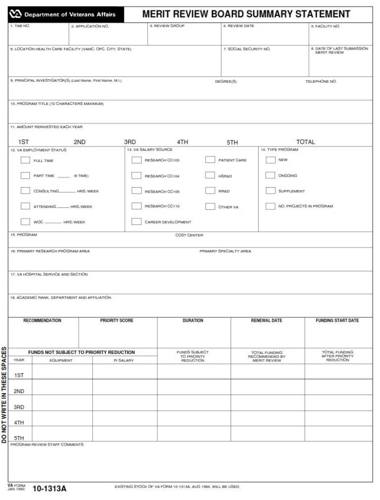 VA Form 10-1313A – Merit Review Board Summary Sheet - VA Forms