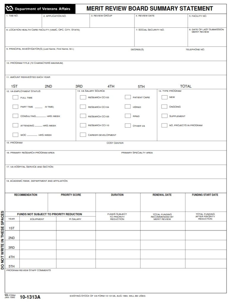 VA Form 10-1313A – Merit Review Board Summary Sheet - VA Forms