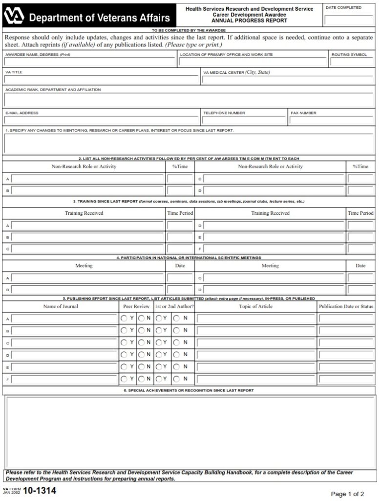 VA Form 10-1314 – Health Services Research and Development Service ...