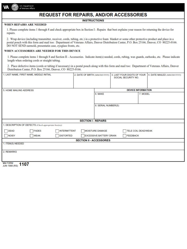 VA Form 1107 – Request for Repairs, and/or Accessories - VA Forms