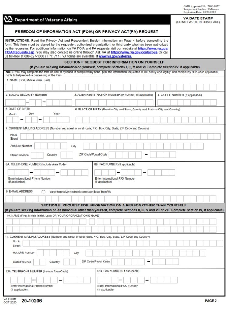 VA Form 20-10206 – Freedom of Information Act (FOIA) or Privacy Act (PA ...