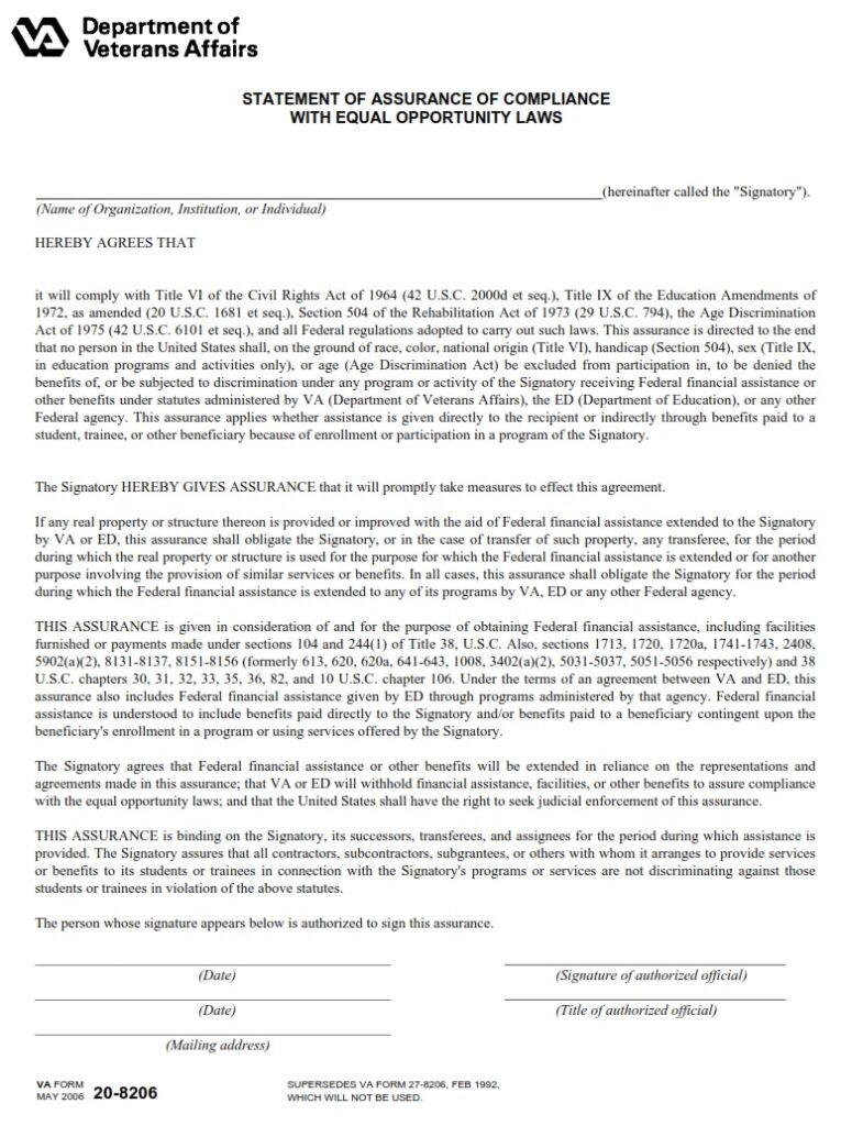 VA Form 20-8206 – Statement Of Assurance Of Compliance With Equal ...