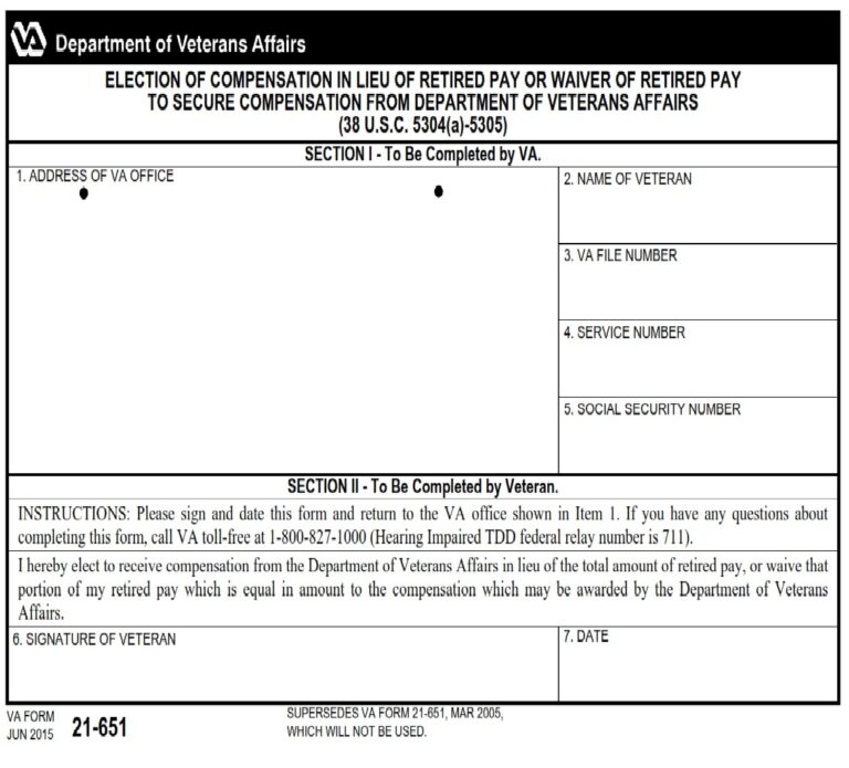 VA Form 21 651 Election Of Compensation In Lieu Of Retired Pay Or