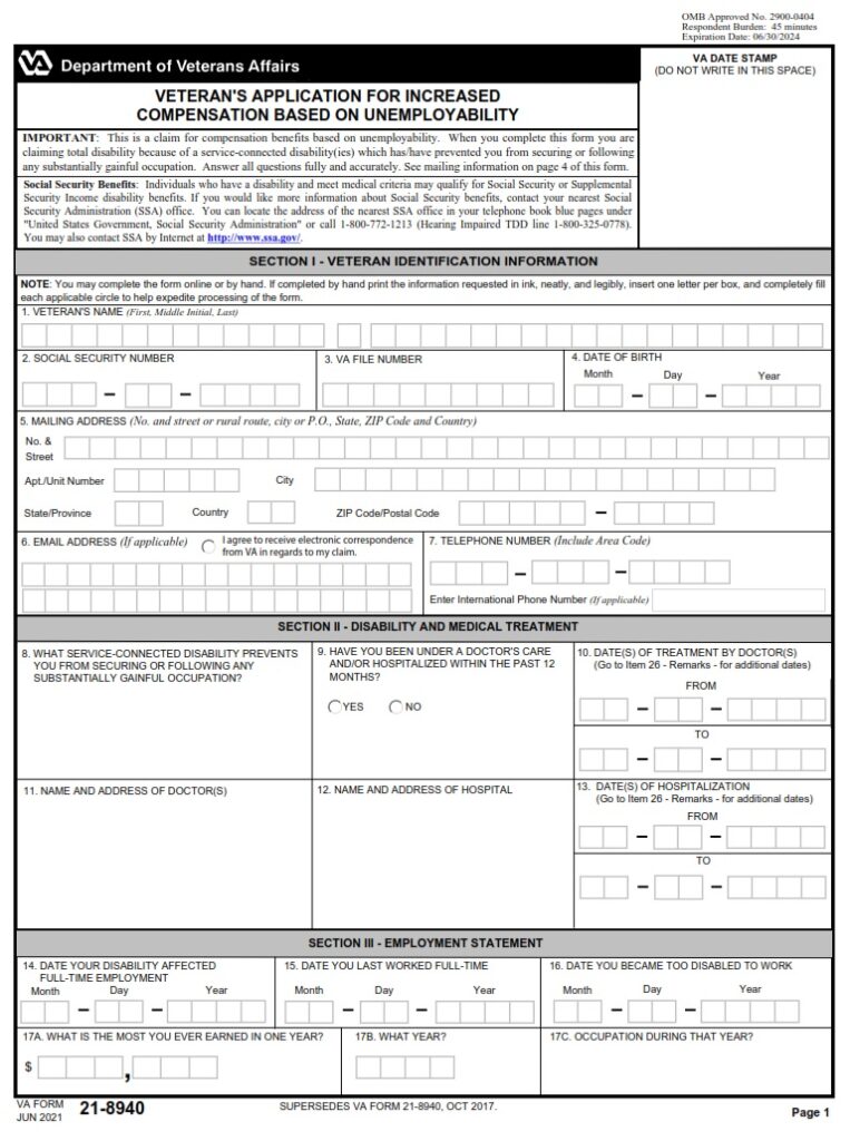 VA Form 21-8940 – Veteran’s Application for Increased Compensation ...
