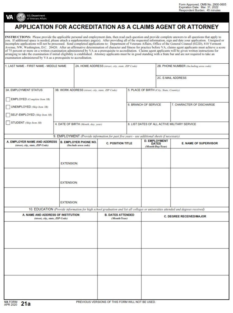 VA Form 21a – Application for Accreditation as a Claims Agent or ...
