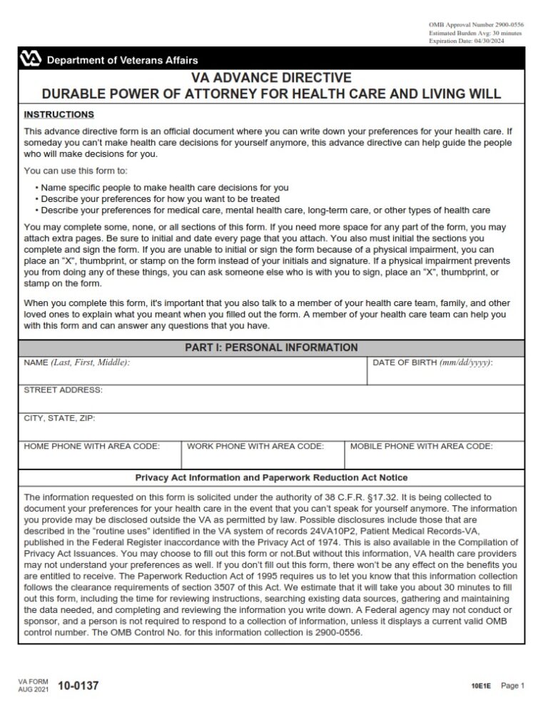 VA Form 10-0137 – VA Advance Directive: Durable Power of Attorney for Health Care and Living ...