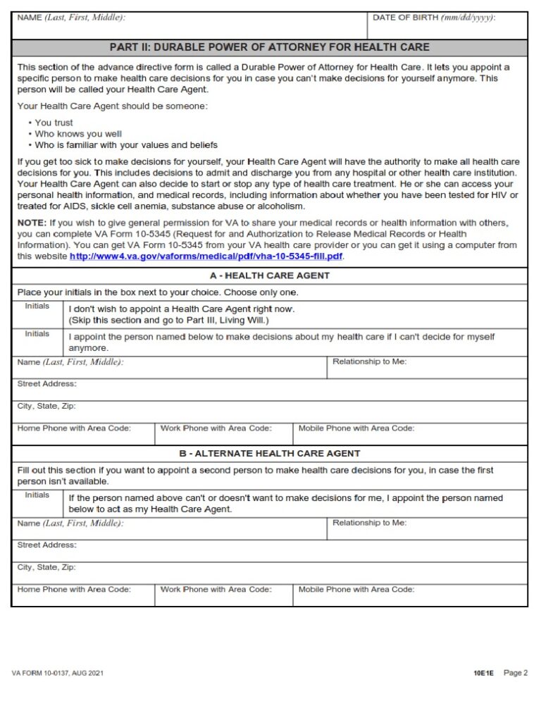 VA Form 10-0137 – VA Advance Directive: Durable Power of Attorney for ...