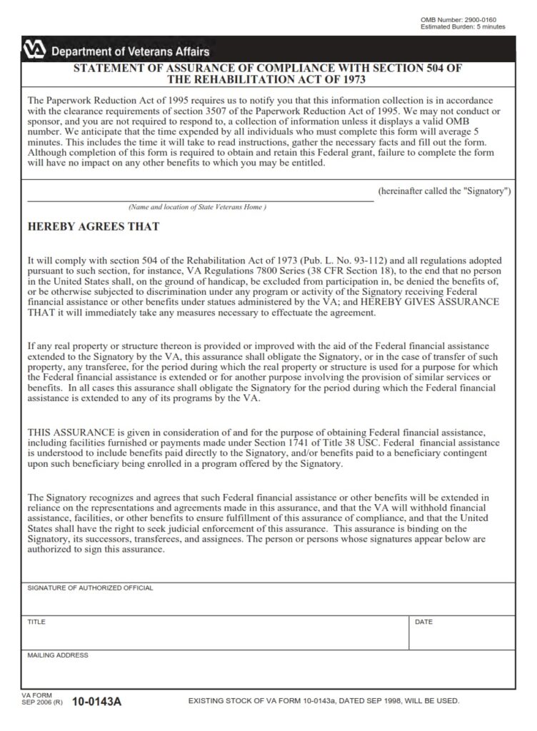 VA Form 10-0143a – Statement of Assurance of Compliance with Section ...