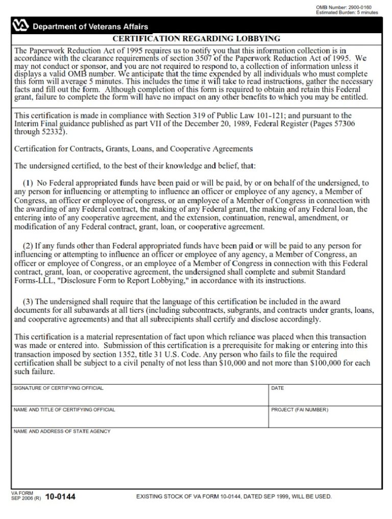 VA Form 10-0144 – Certification Regarding Lobbying - VA Forms