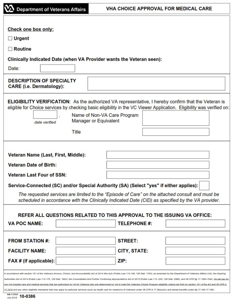 VA Form 10-0386 – VHA Choice Approval for Medical Care - VA Forms