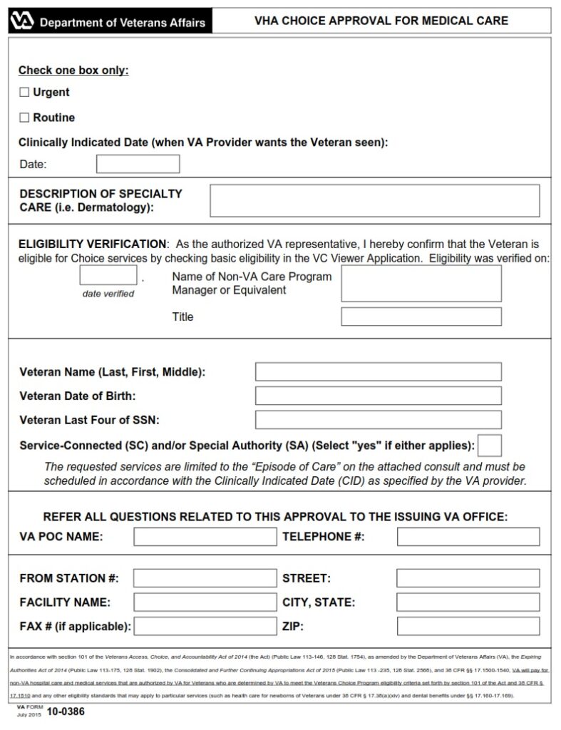 VA Form 10-0386 – VHA Choice Approval for Medical Care - VA Forms