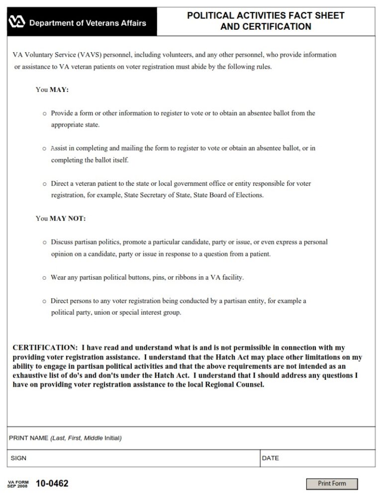 VA Form 10-0462 – Political Activities Fact Sheet and Certification ...