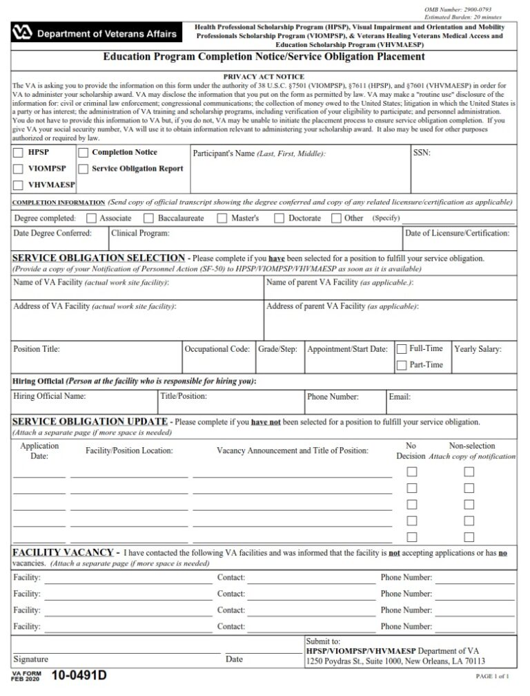 VA Form 10-0491D – Education Program Completion Notice/Service ...