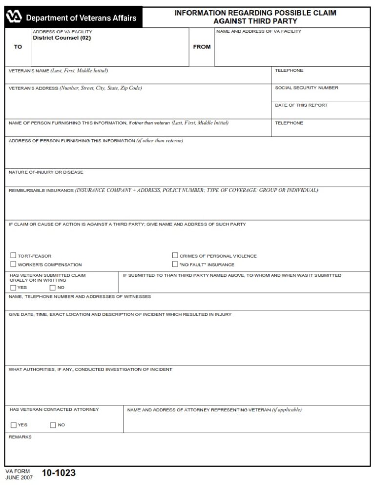 VA Form 10-1023 – Information Regarding Possible Claim Against Third ...