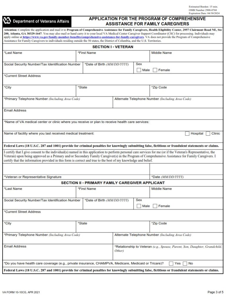 VA Form 10-10CG – Application for Comprehensive Assistance for Family ...