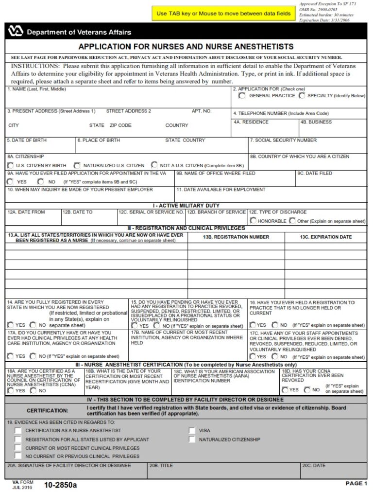 VA Form 10-2850A – Application for Nurses and Nurse Anesthetists - VA Forms
