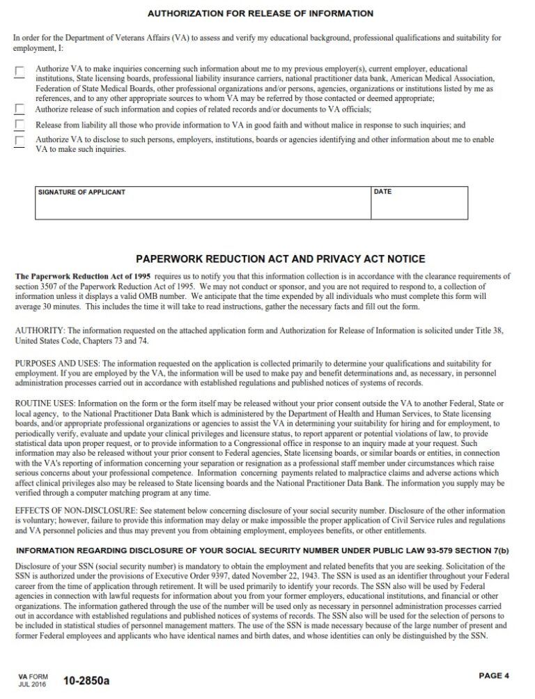 VA Form 10 2850A Application For Nurses And Nurse Anesthetists VA Forms