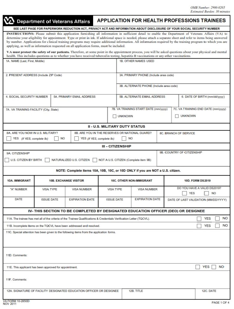 VA Form 10-2850D – Application for Health Professions Trainees - VA Forms