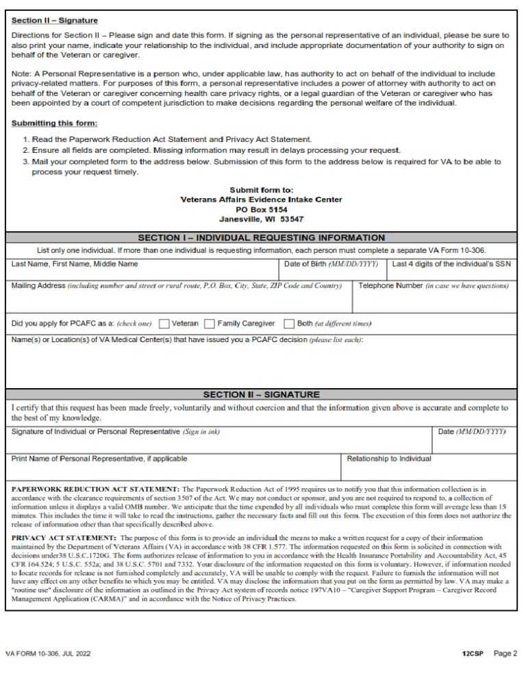 VA Form 10-306 – Request for Information (PCAFC Decisions) - VA Forms