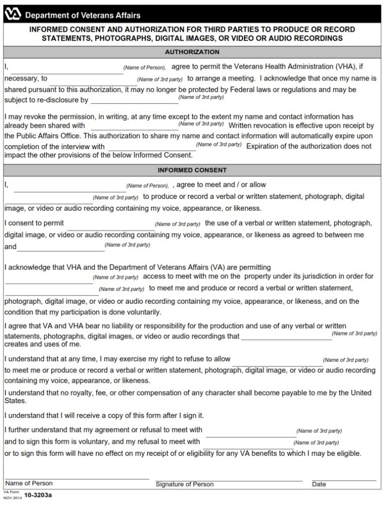 VA Form 10-3203a – Informed Consent and Authorization for Third Parties ...