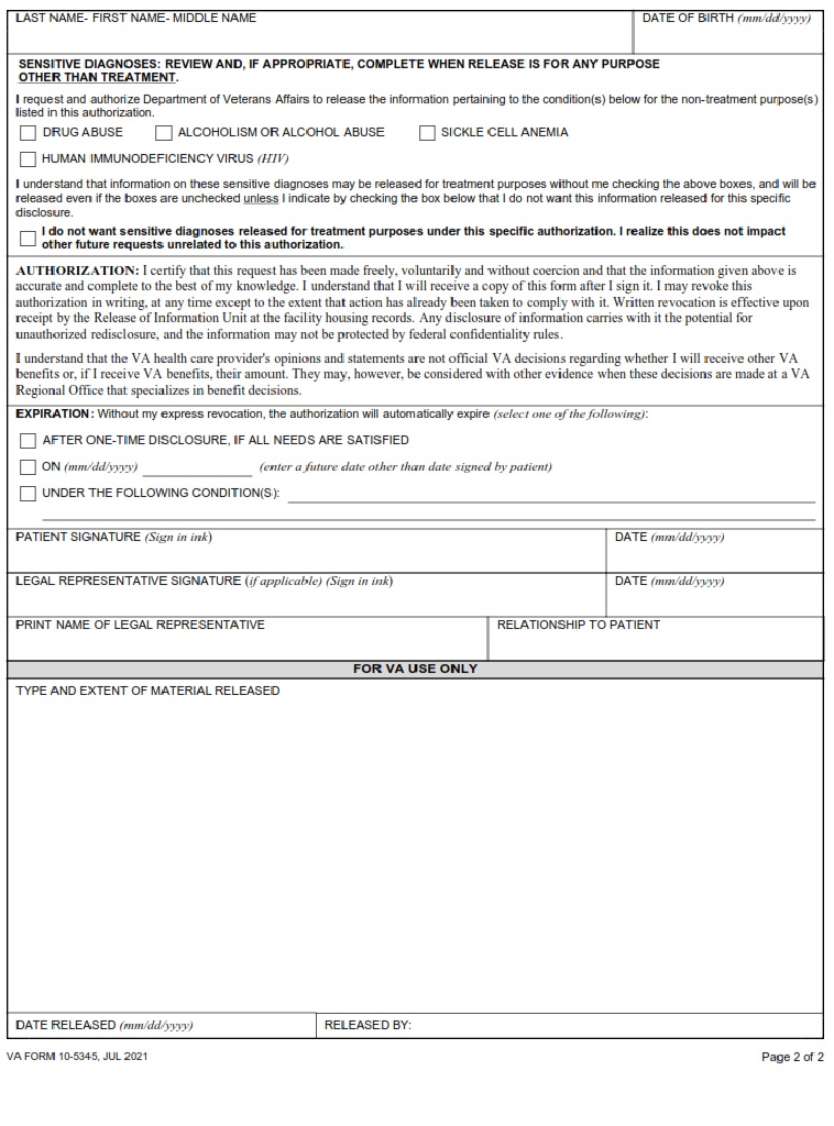 VA Form 10 5345 Request For And Authorization To Release Health