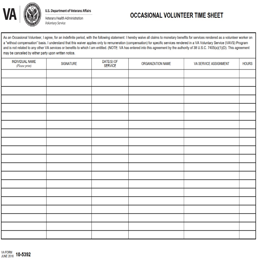 VA Form 10 5392 Occasional Volunteer Time Sheet VA Forms