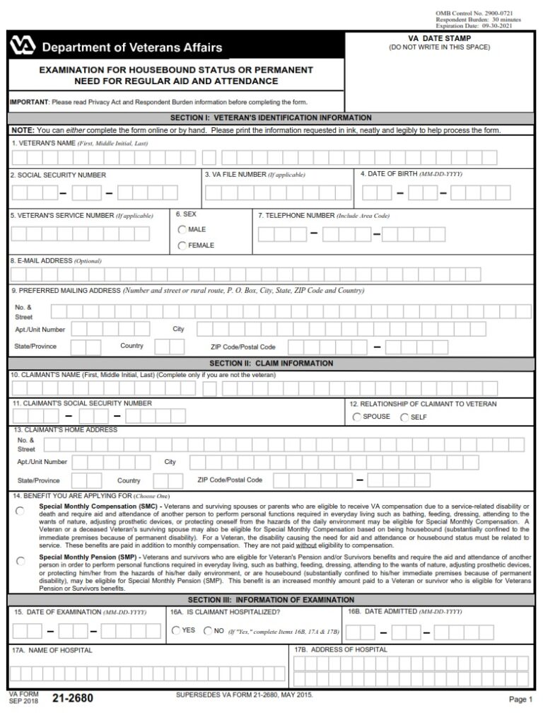 VA Form 21-2680 – Examination for Housebound Status or Permanent Need ...