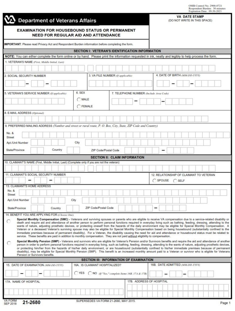 VA Form 21-2680 – Examination for Housebound Status or Permanent Need ...