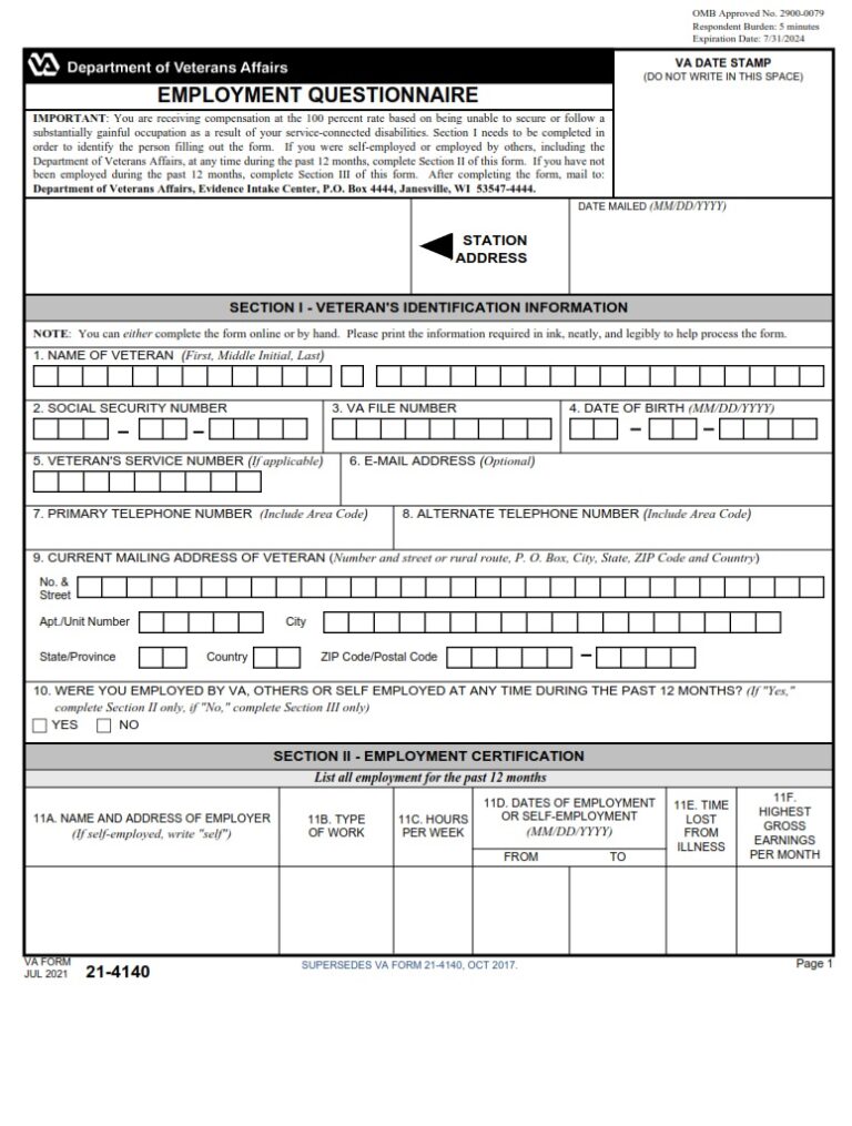 VA Form 21-4140 – Employment Questionnaire - VA Forms