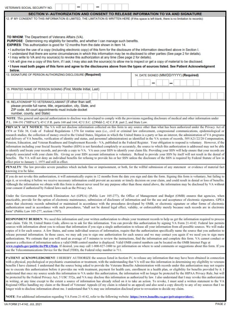 VA Form 21-4142 – Authorization to Disclose Information to the ...