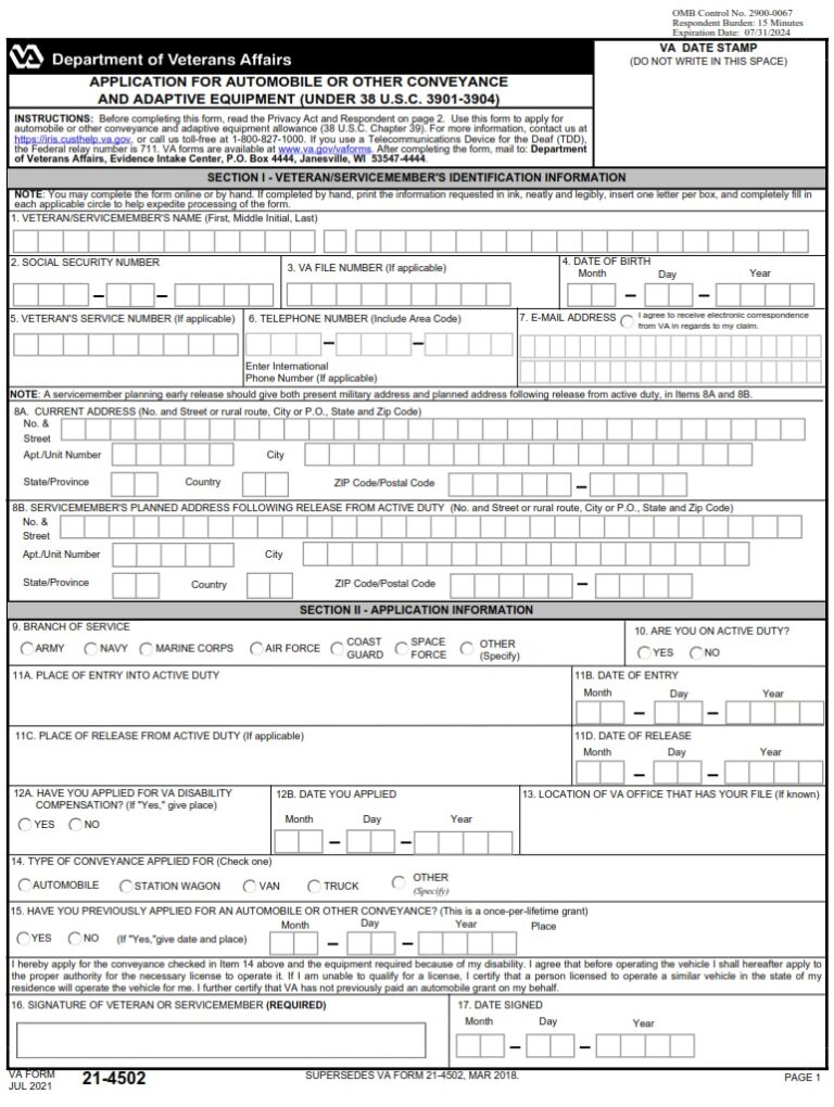 VA Form 21-4502 – Application for Automobile or Other Conveyance and ...
