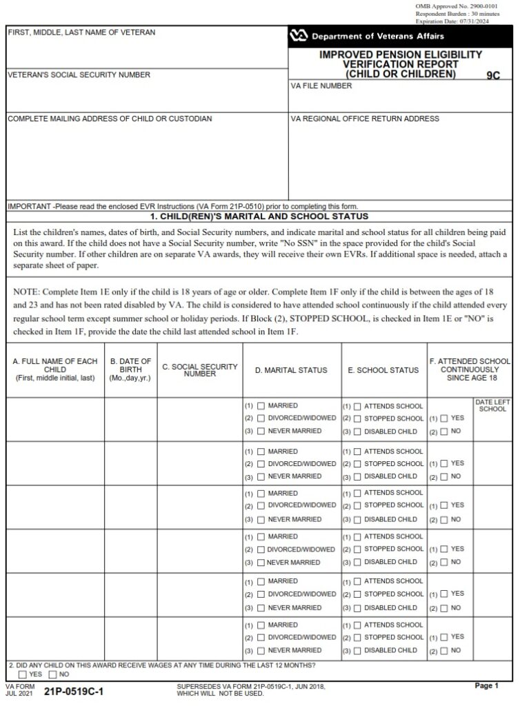 VA Form 21P-0519c-1 – Improved Pension Eligibility Verification Report ...