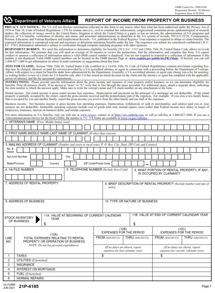 VA Form 21P-4185 – Report of Income from Property or Business - VA Forms