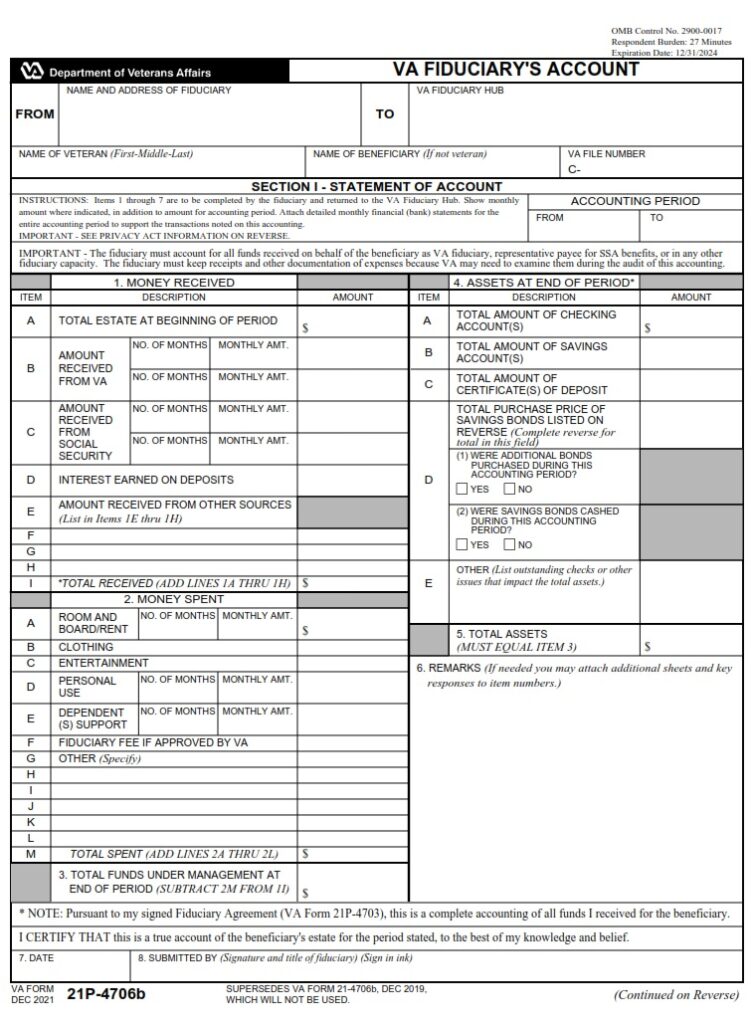 VA Form 21P-4706b – VA Fiduciary’s Account (Fillable) - VA Forms