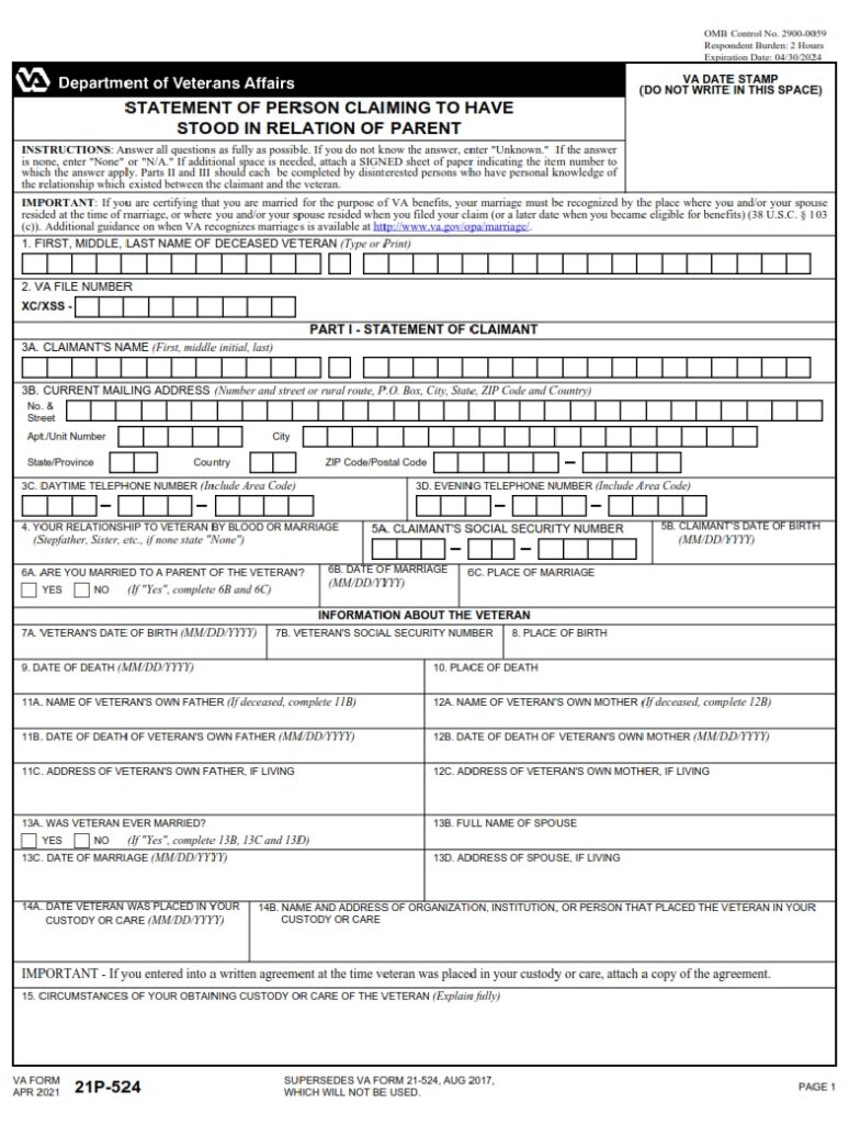 VA Form 21P-524 – Statement of Person Claiming to Have Stood in ...