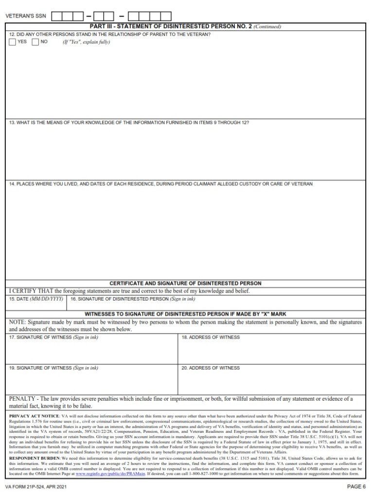 VA Form 21P-524 – Statement of Person Claiming to Have Stood in ...